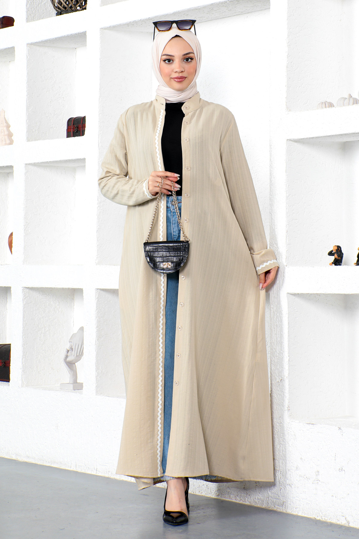 Biye Detaylı Ferace TSD230111 Bej Tesettür Dünyası