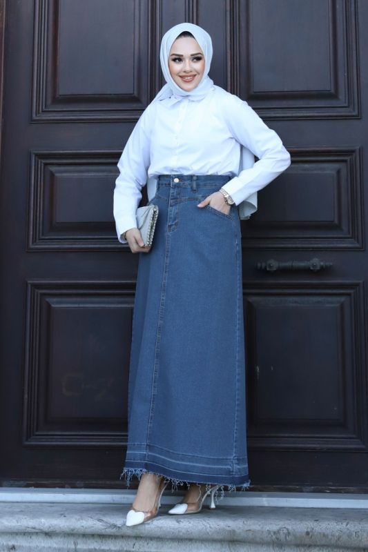 Cepli Eteği Püskül Detaylı Kot Etek TSD240108 Açık Mavi