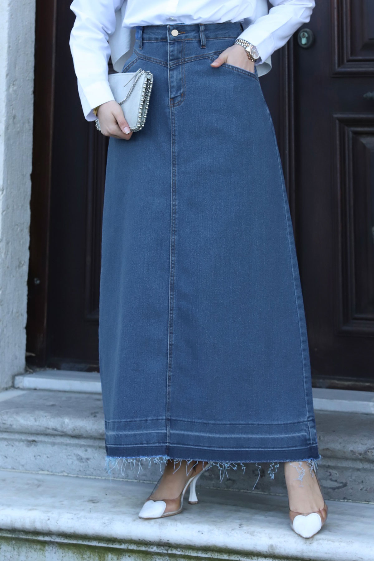 Cepli Eteği Püskül Detaylı Kot Etek TSD240108 Açık Mavi