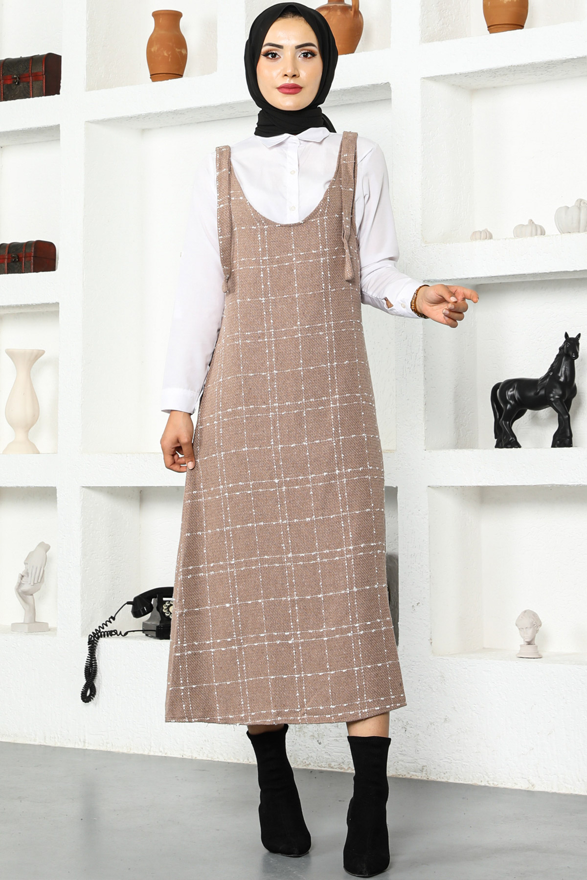 Gipe Detaylı Tesettür Elbise TSD221204 Bej Tesettür Dünyası