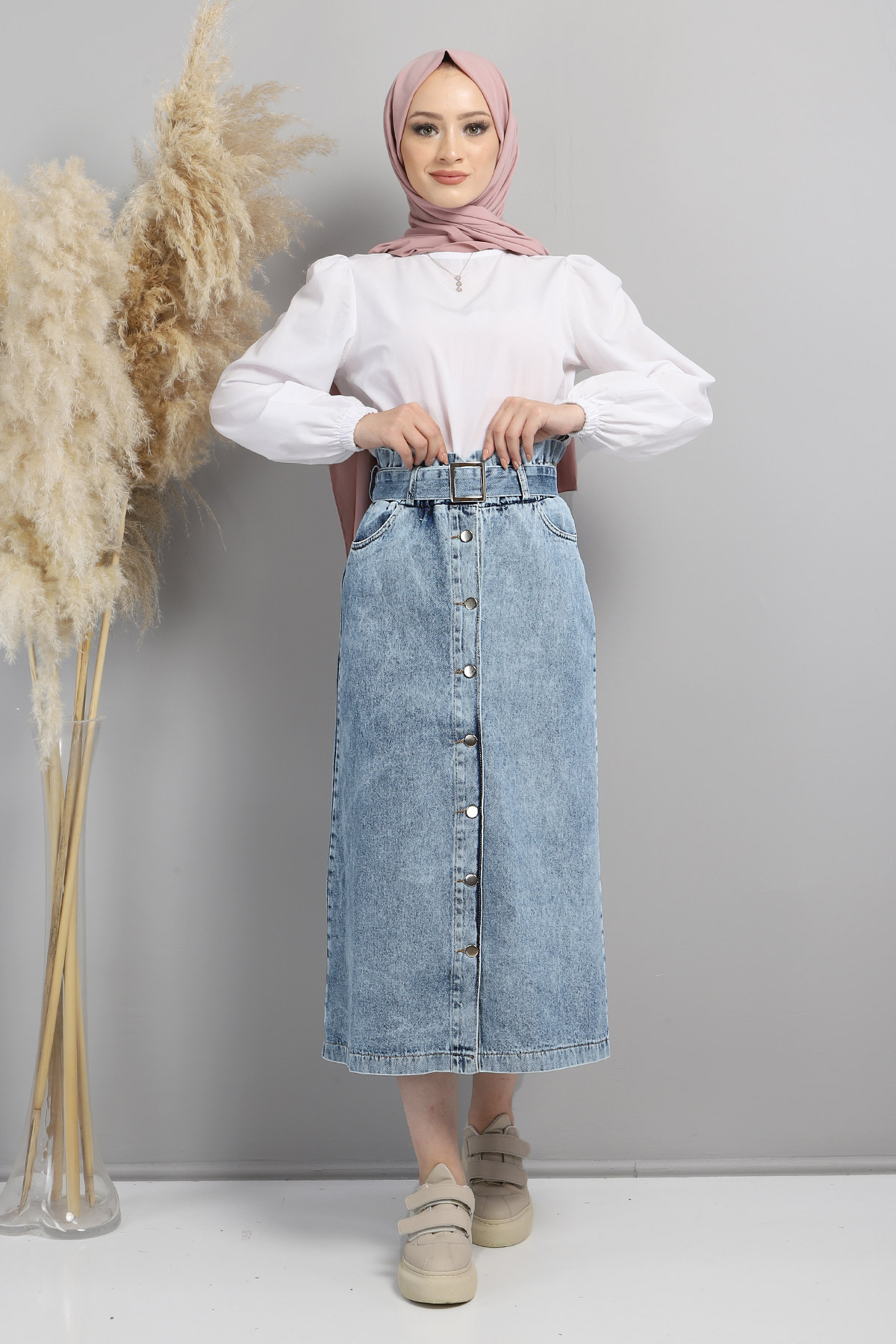 Düğmeli Kemerli Kot Etek TSD220624 Açık Mavi Tesettür Dünyası