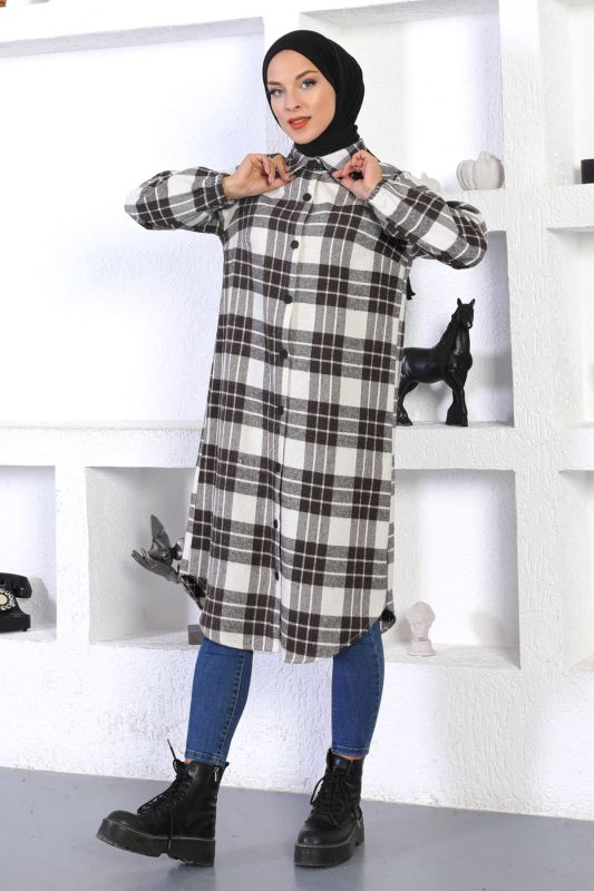 Uzun Boy Oduncu Gömlek TSD221003 Kahverengi Tesettür Dünyası