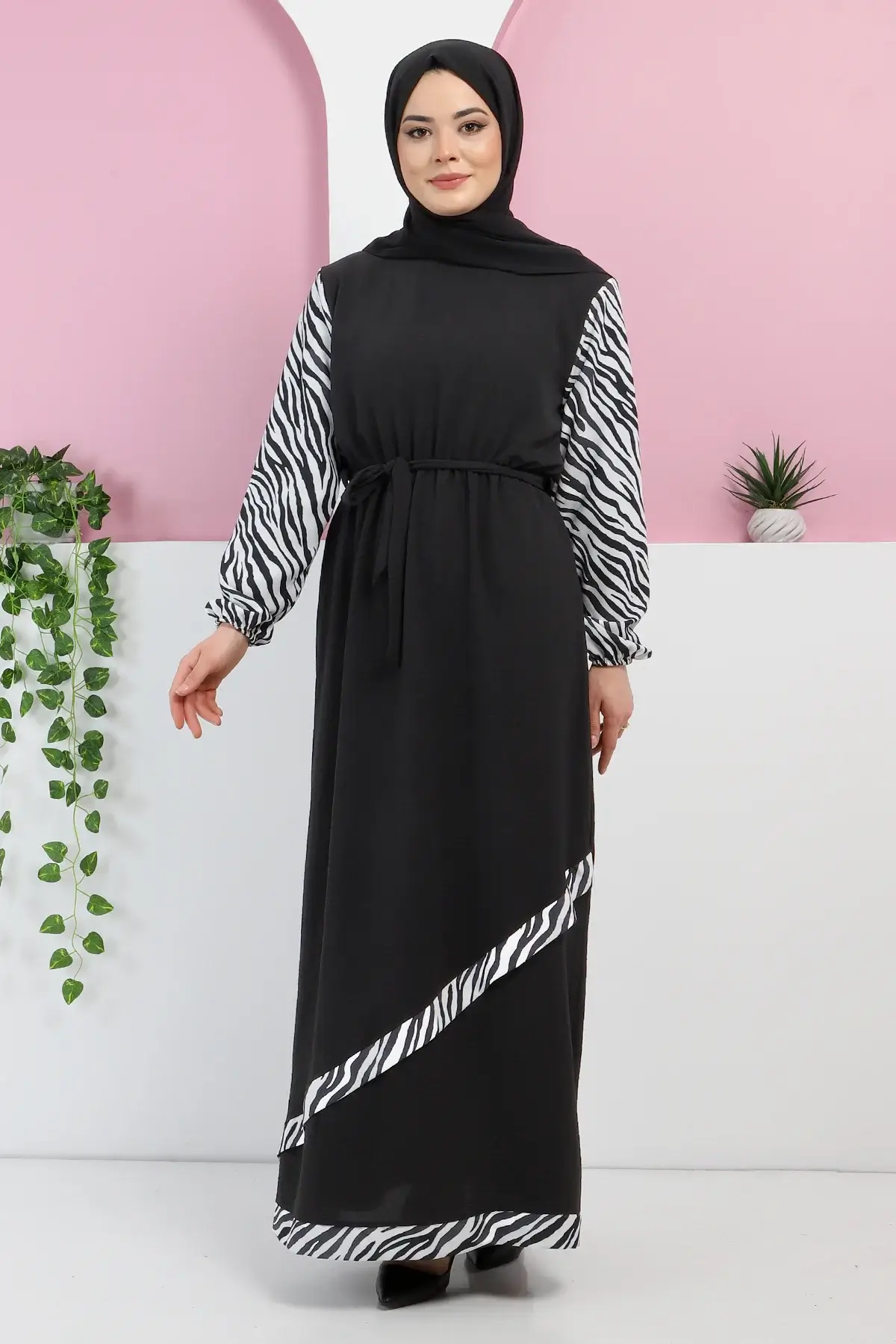 Zebra Detaylı Elbise TSD220326 Siyah Tesettür Dünyası